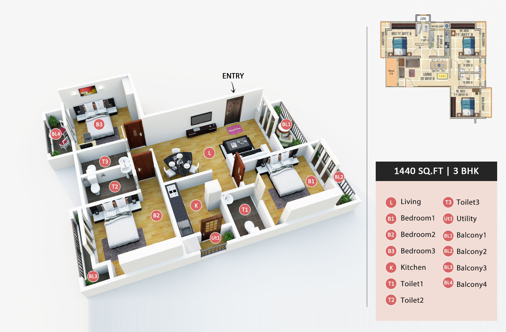3BHK : 2D- 3D plan showing Planning of Luxurious f | Dange Builders in ...
