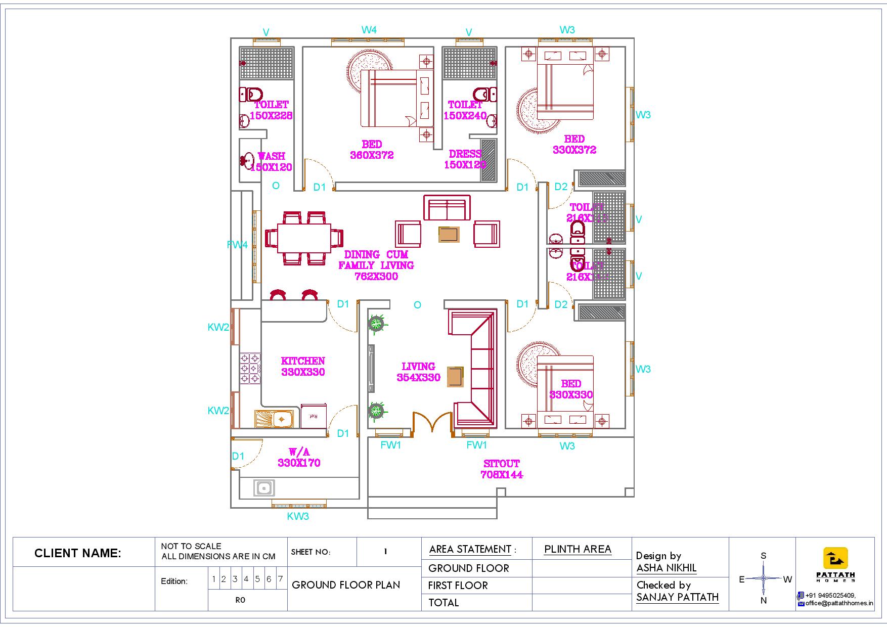 3BHK Villa Plan for Rectangular Plot. Pattath : Pattath Homes