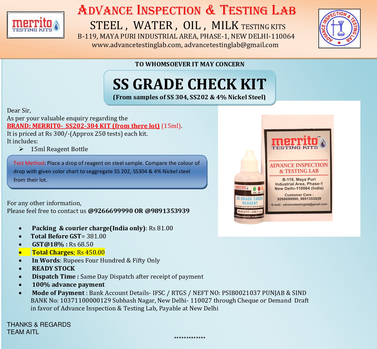 SS 202, 304 Steel Testing Kit in Bangalore. 9 | ADVANCE TESTING LAB ...