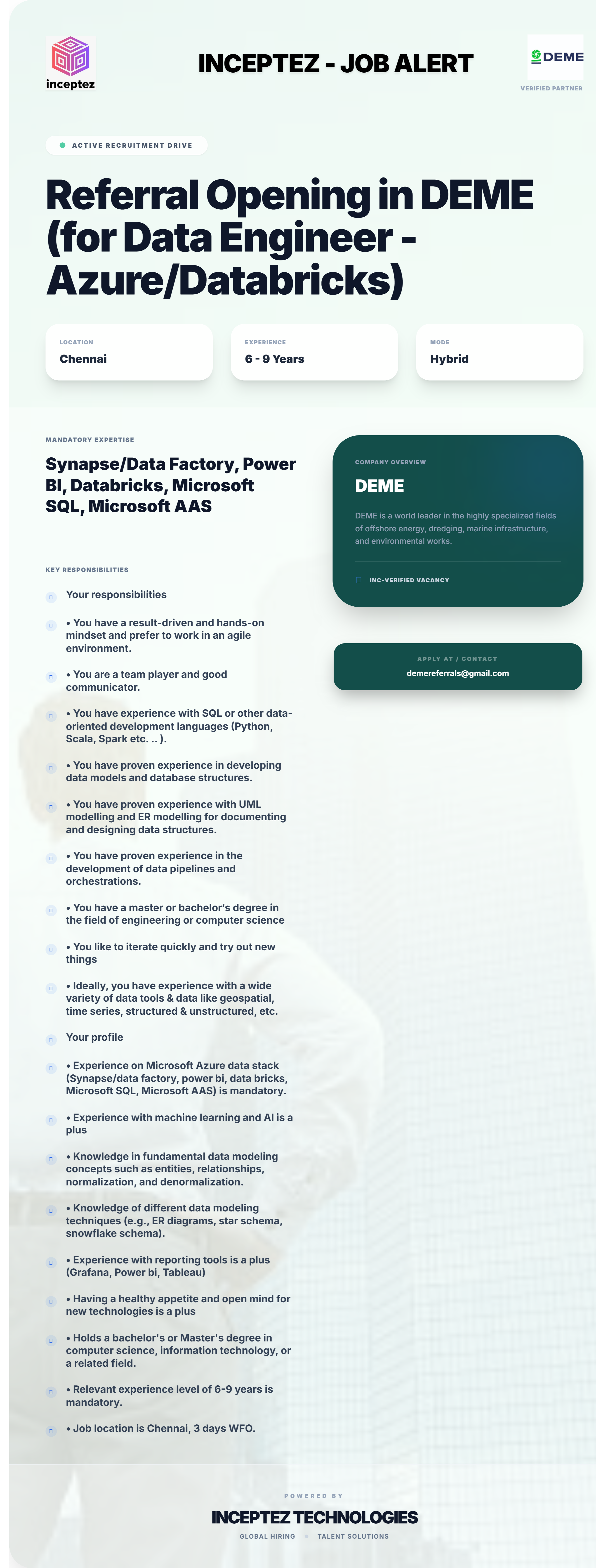 Referral Opening in DEME for Data Engineer - Azure, Databricks ...