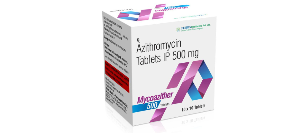 Azithromycin tab IP (500mg) MYCOAZITHER 500 The | STERIS HEALTHCARE PVT LTD